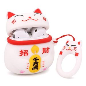 Yonocosta Cute Airpods Case, Airpods 2 Case, Fashion Funny 3D Cartoon Animals White Lucky Cat Kitty Shaped Full Protection Shockproof Soft Silicone Charging Case Cover with Keychain for Airpods 1&2