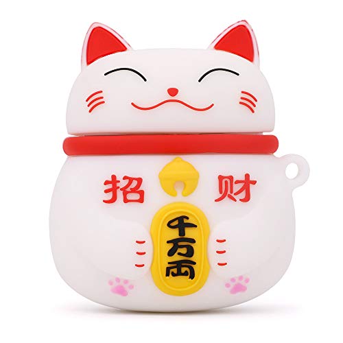 Yonocosta Cute Airpods Case, Airpods 2 Case, Fashion Funny 3D Cartoon Animals White Lucky Cat Kitty Shaped Full Protection Shockproof Soft Silicone Charging Case Cover with Keychain for Airpods 1&2