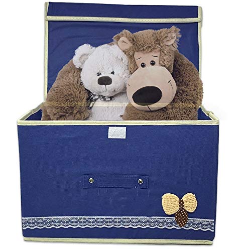 BANBERRY DESIGNS Storage Bin with Lid and Handles Foldable – Collapsible Blue Container for Organizing Toys Closets Bedrooms Clothes Shoes