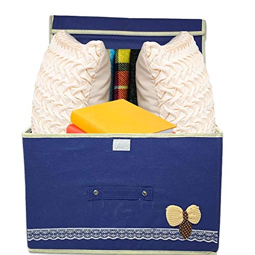 BANBERRY DESIGNS Storage Bin with Lid and Handles Foldable – Collapsible Blue Container for Organizing Toys Closets Bedrooms Clothes Shoes