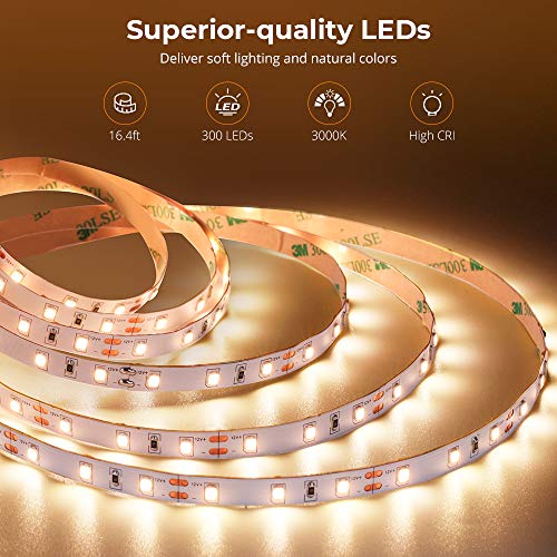 Govee Warm White LED Strip Lights, Bright 300 LEDs, 3000K Dimmable Light Strip 16.4ft with Control Box, LED Lights for Bedroom, Kitchen Cabinets, Living Room, ETL Listed Adapter Included