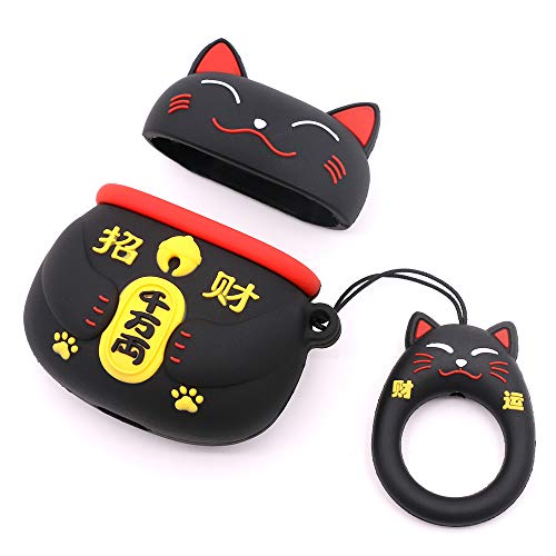 Yonocosta Cute Airpods Case, Airpods 2 Case, Fashion Funny 3D Cartoon Animals Black Lucky Cat Kitty Shaped Full Protection Shockproof Soft Silicone Charging Case Cover with Keychain for Airpods 1&2