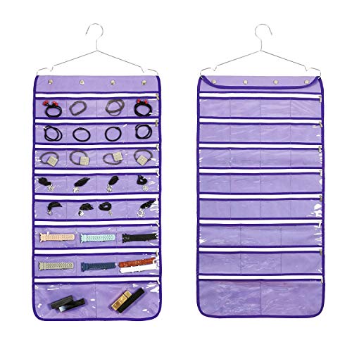 ANIZER Dual Sided Hanging Jewelry Organizer with Hanger for Closet Necklace Earrings Bracelet Ring Travel Holder (56 Zippered Clear Pockets Purple)