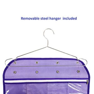 ANIZER Dual Sided Hanging Jewelry Organizer with Hanger for Closet Necklace Earrings Bracelet Ring Travel Holder (56 Zippered Clear Pockets Purple)