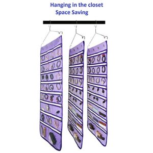 ANIZER Dual Sided Hanging Jewelry Organizer with Hanger for Closet Necklace Earrings Bracelet Ring Travel Holder (56 Zippered Clear Pockets Purple)