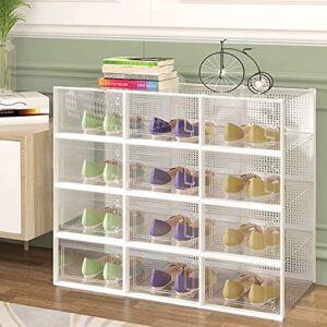 stackable shoe storage boxes, waytrim 12 pack shoe organizer for closet shoe boxes clear plastic stackable shoe bins space saving sneaker storage boxes drop front shoe container bins fit to size 10 - clear white