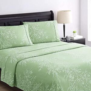 SL Spirit Linen Home EST. 1988 - King Sheet Set, Super Soft Microfiber Bedding, Elegant Foliage Design & Ideal for All Seasons (King, Green/White)