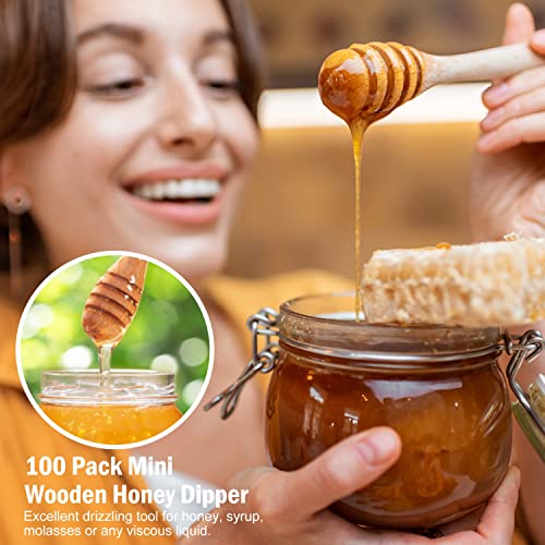 WEFOO 100 Pack Mini 3 Inch Portable Wooden Honey Dipper Sticks for Honey Jar Dispense Drizzle Honey, Wedding Party Favors