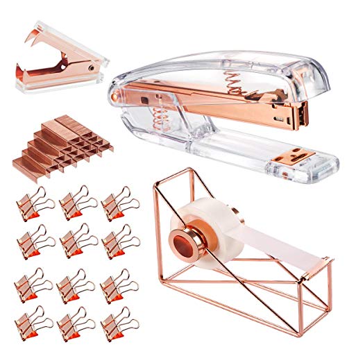 Rose Gold Office Supplies Set - Stapler, Tape Dispenser, Staple Remover with 1000 Staples and 12 Binder Clips , Luxury Acrylic Rose Gold Desk Accessories & Decorations