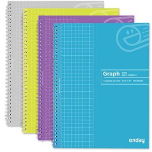 emraw graph paper notebooks spiral quad ruled grid notebook heavy duty white paper 100 sheets assorted colors wire bound graphing books (pack of 4)