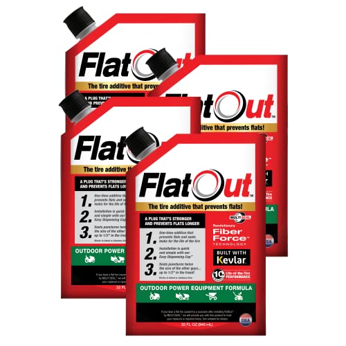 FlatOut Tire Sealant Outdoor Power Equipment Formula - Prevent Flat Tires, Seal Leaks, Contains Kevlar, 32-Ounce Bag, 4-Pack