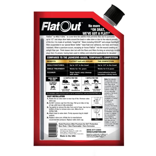 FlatOut Tire Sealant Outdoor Power Equipment Formula - Prevent Flat Tires, Seal Leaks, Contains Kevlar, 32-Ounce Bag, 4-Pack