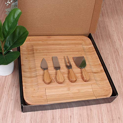 Bamboo Charcuterie Cheese Board and Knife Set, Serving Platter Tray with Cutlery Set, Housewarming Gifts, Entertaining Serving Dishes, Cheese Serving Plate, Large Cheese Charcuterie Board