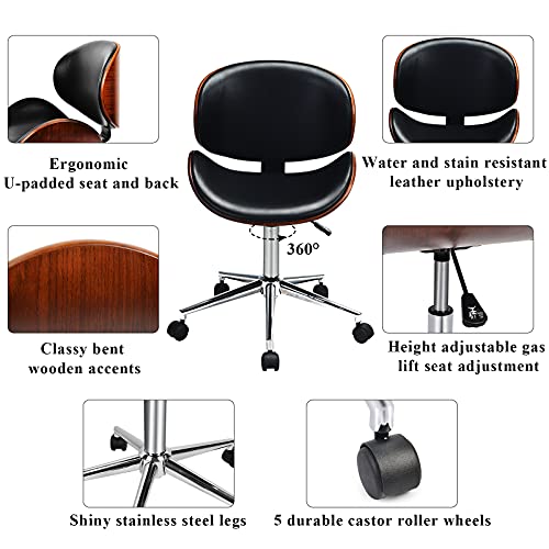 C-CHAIN Adjustable Modern Mid-Century Office Chair with Curved Seat/Back, Swivel Executive Chair, Rolling Computer Chair, Bent Wooden Accent Office Chair for Home and Office