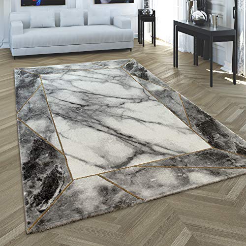 Living Room Rug Grey Gold 3-D Border Marble Pattern Robust, Size:3'11" x 5'7"