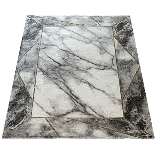 Living Room Rug Grey Gold 3-D Border Marble Pattern Robust, Size:3'11" x 5'7"