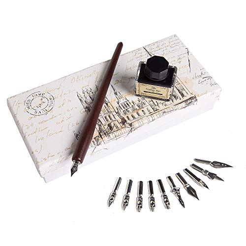 Hethrone Wooden Dip Pen Handcrafted Calligraphy Set with 11 Nibs & Black Ink 