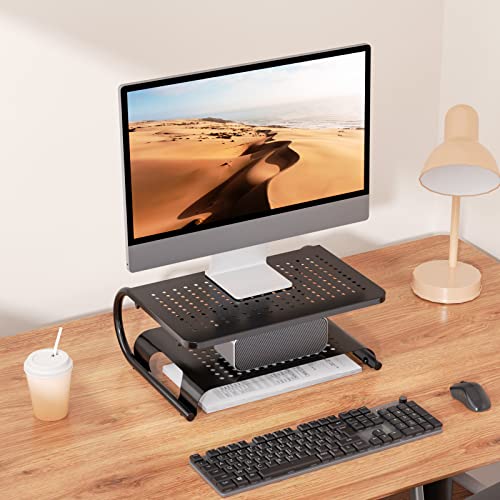 WALI Monitor Stand Riser, Computer Desktop Stand Riser Holder, Vented Metal 2 Tier Desk Shelf for Desk Organizer (STT001B), 1 Pack, Black