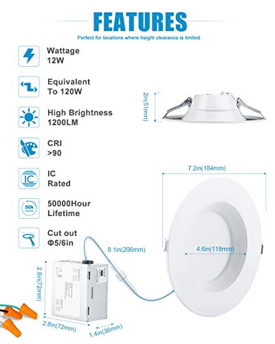 LED Recessed Lighting 6 inch, Dimmable LED Can Light with 3000K/4000K/5000K Switchable, Can-Killer LED Downlight Light Fixtures CRI90 1200LM (110W Eqv.) Brightness-IC Rate (4Pack)