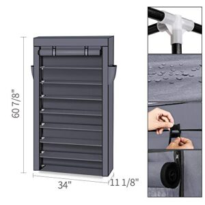 Knocbel 10 Tiers Shoe Rack Dustproof & Water-Resistant Non-Woven Fabric Closet Storage Cabinet Organizer with Side Pockets, 34" x 11 1/8" x 60 7/8" (Gray)