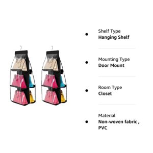 HAN SHENG 2 Pcs 6 Pockets Hanging Purse Handbag Organizer Clear Hanging Shelf Bag Collection Storage Holder Purse Bag Wardrobe Closet Space Saving Organizers (Black)