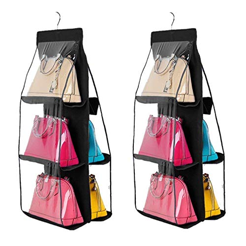 HAN SHENG 2 Pcs 6 Pockets Hanging Purse Handbag Organizer Clear Hanging Shelf Bag Collection Storage Holder Purse Bag Wardrobe Closet Space Saving Organizers (Black)