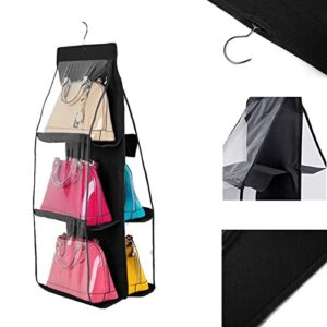 HAN SHENG 2 Pcs 6 Pockets Hanging Purse Handbag Organizer Clear Hanging Shelf Bag Collection Storage Holder Purse Bag Wardrobe Closet Space Saving Organizers (Black)