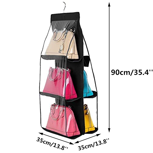 HAN SHENG 2 Pcs 6 Pockets Hanging Purse Handbag Organizer Clear Hanging Shelf Bag Collection Storage Holder Purse Bag Wardrobe Closet Space Saving Organizers (Black)