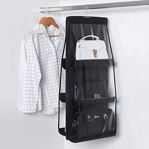 HAN SHENG 2 Pcs 6 Pockets Hanging Purse Handbag Organizer Clear Hanging Shelf Bag Collection Storage Holder Purse Bag Wardrobe Closet Space Saving Organizers (Black)