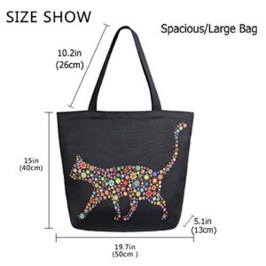 ZzWwR Fresh Flower Cat Extra Large Canvas Shoulder Tote Top Handle Bag for Gym Beach Weekender Travel Shopping,Black