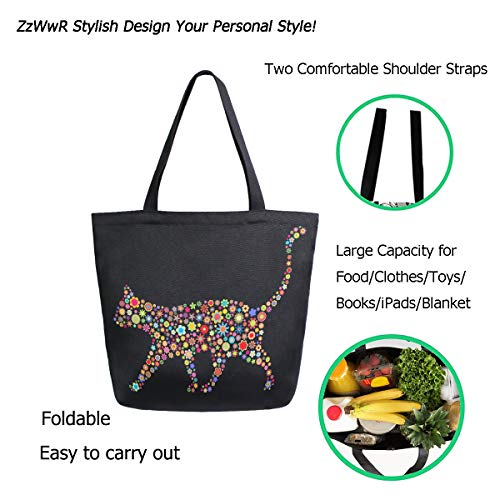 ZzWwR Fresh Flower Cat Extra Large Canvas Shoulder Tote Top Handle Bag for Gym Beach Weekender Travel Shopping,Black