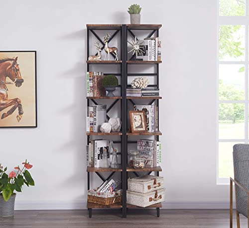 HOMISSUE 6 Tier Industrial Corner Shelf Unit, Tall Bookcase Storage Display Rack for Home Office, Rustic Brown