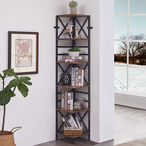 HOMISSUE 6 Tier Industrial Corner Shelf Unit, Tall Bookcase Storage Display Rack for Home Office, Rustic Brown