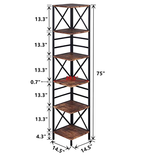 HOMISSUE 6 Tier Industrial Corner Shelf Unit, Tall Bookcase Storage Display Rack for Home Office, Rustic Brown