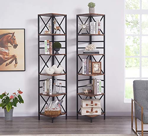 HOMISSUE 6 Tier Industrial Corner Shelf Unit, Tall Bookcase Storage Display Rack for Home Office, Rustic Brown