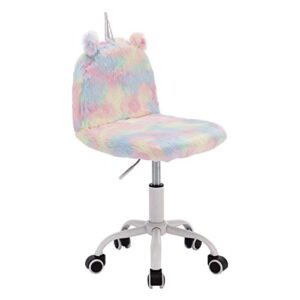 DM Furniture Cute Fuzzy Kids Chair Funny Rolling Study Desk Chair Colorful Girls Vanity Swivel Chair with White Foot