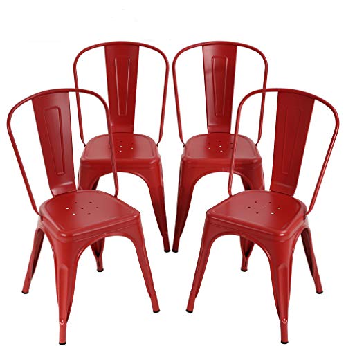 Metal Dining Chairs Indoor-Outdoor Stackable Chic Restaurant Bistro Chair Set of 4 330LBS Weight Capacity Sturdy Cafe Tolix Kitchen Farmhouse Pub Trattoria Industrial Side Bar Chairs Red