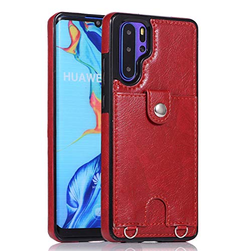 Jaorty PU Leather Wallet Case for Huawei P30 Pro Necklace Lanyard Case Cover with Card Holder Adjustable Detachable Anti-Lost Neck Strap Case for Huawei P30 Pro,Red