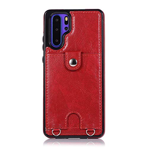 Jaorty PU Leather Wallet Case for Huawei P30 Pro Necklace Lanyard Case Cover with Card Holder Adjustable Detachable Anti-Lost Neck Strap Case for Huawei P30 Pro,Red