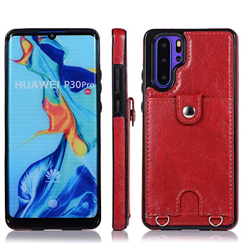 Jaorty PU Leather Wallet Case for Huawei P30 Pro Necklace Lanyard Case Cover with Card Holder Adjustable Detachable Anti-Lost Neck Strap Case for Huawei P30 Pro,Red