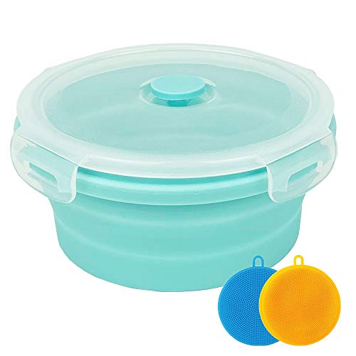 CARTINTS Small Collapsible Bowl Silicone Food Storage Containers Collapsible Camping Bowl for Travel Camping Hiking with Airtight Plastic Lids and 2Pack Silicone Dish Sponges- Blue, 350ml