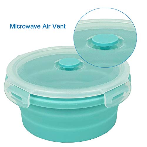 CARTINTS Small Collapsible Bowl Silicone Food Storage Containers Collapsible Camping Bowl for Travel Camping Hiking with Airtight Plastic Lids and 2Pack Silicone Dish Sponges- Blue, 350ml