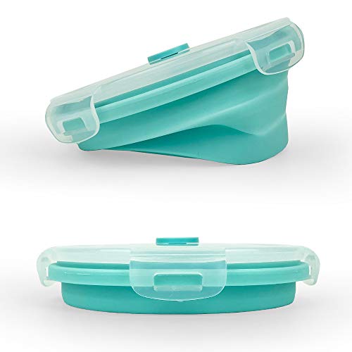 CARTINTS Small Collapsible Bowl Silicone Food Storage Containers Collapsible Camping Bowl for Travel Camping Hiking with Airtight Plastic Lids and 2Pack Silicone Dish Sponges- Blue, 350ml