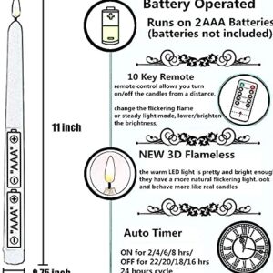 11 inch Ivory Wax Flameless Taper Candles with Remote and Timer, Use 2-AA Battery(not Included Runs 200 Hours, Diameter 0.9", Set of 4, for Holiday, Wedding and Party