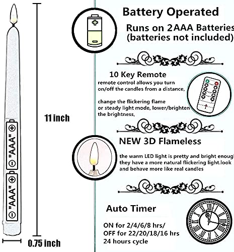 11 inch Ivory Wax Flameless Taper Candles with Remote and Timer, Use 2-AA Battery(not Included Runs 200 Hours, Diameter 0.9", Set of 4, for Holiday, Wedding and Party