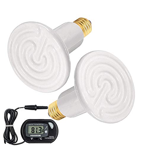 WUHOSTAM 2 Pack 100W White Ceramic Heat Lamp with 1-pcs Digital-Thermometer,No Light Infrared Reptile Heater Emitter Lamp Bulb for Pet Brooder Coop Chicken Lizard Turtle Snake Aquarium ETL Listed