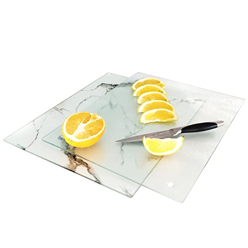 VASUHOME Tempered Glass Cutting Board Set of 2-16x12 inch Marble Pattern Chopping Boards for Kitchen - Scratch, Heat, Shatter Resistant and Easy to Clean - White and Clear