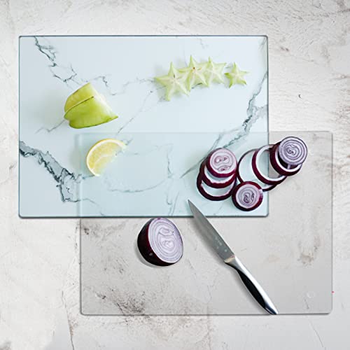 VASUHOME Tempered Glass Cutting Board Set of 2-16x12 inch Marble Pattern Chopping Boards for Kitchen - Scratch, Heat, Shatter Resistant and Easy to Clean - White and Clear