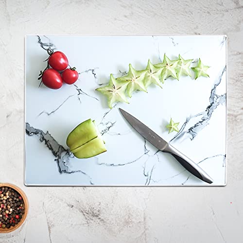 VASUHOME Tempered Glass Cutting Board Set of 2-16x12 inch Marble Pattern Chopping Boards for Kitchen - Scratch, Heat, Shatter Resistant and Easy to Clean - White and Clear