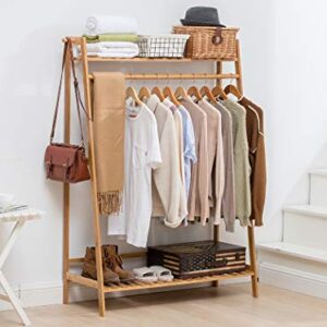 COPREE Bamboo Garment Coat Clothes Hanging Heavy Duty Rack with top Shelf and Shoe Clothing Storage Organizer Shelves